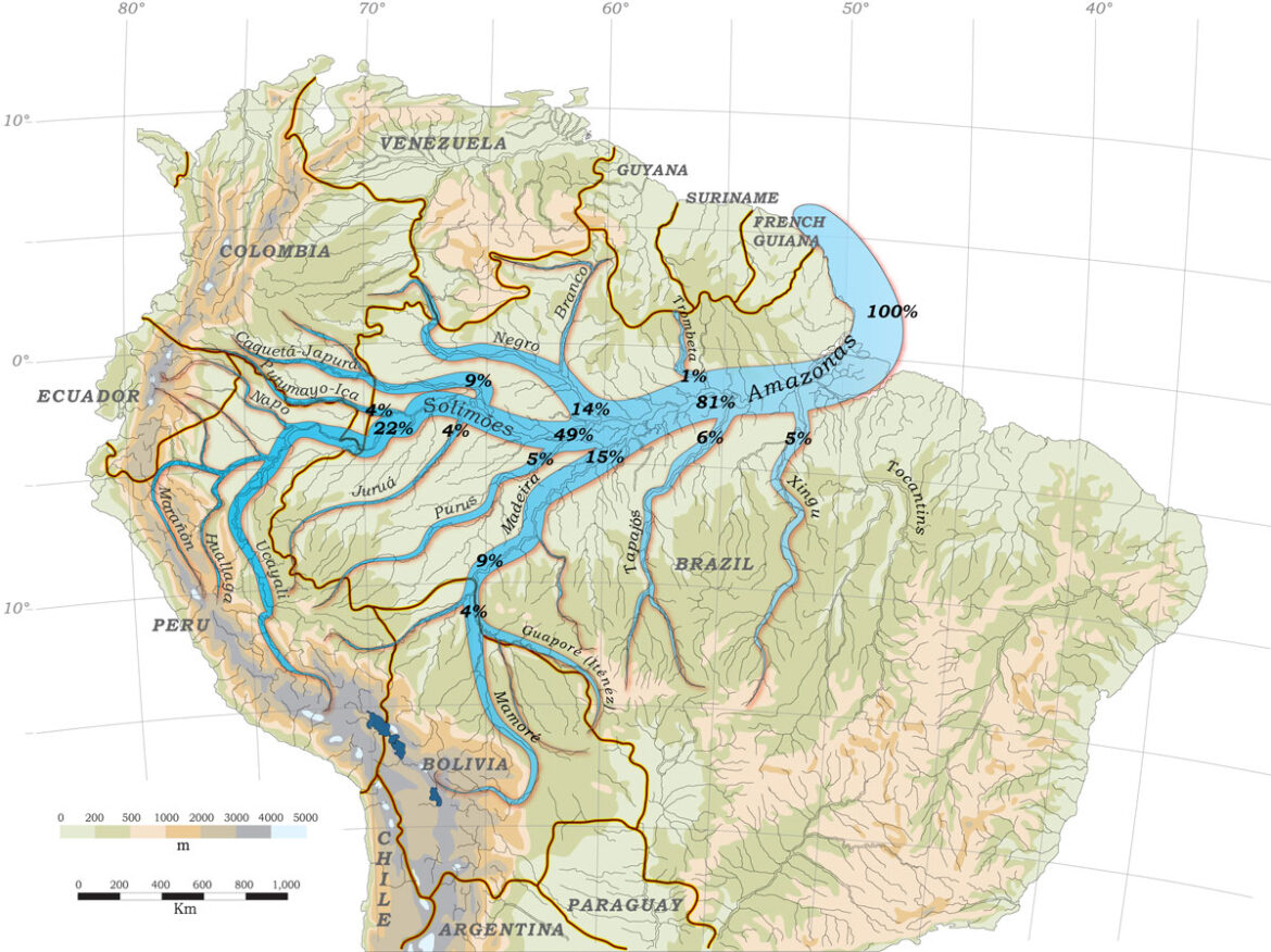 Relative discharge of Amazon River and its tributaries at various ...