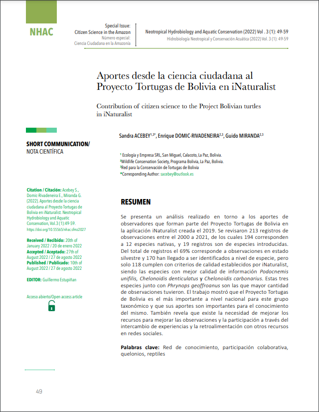 Aportes desde la ciencia ciudadana al Proyecto Tortugas de Bolivia en ...